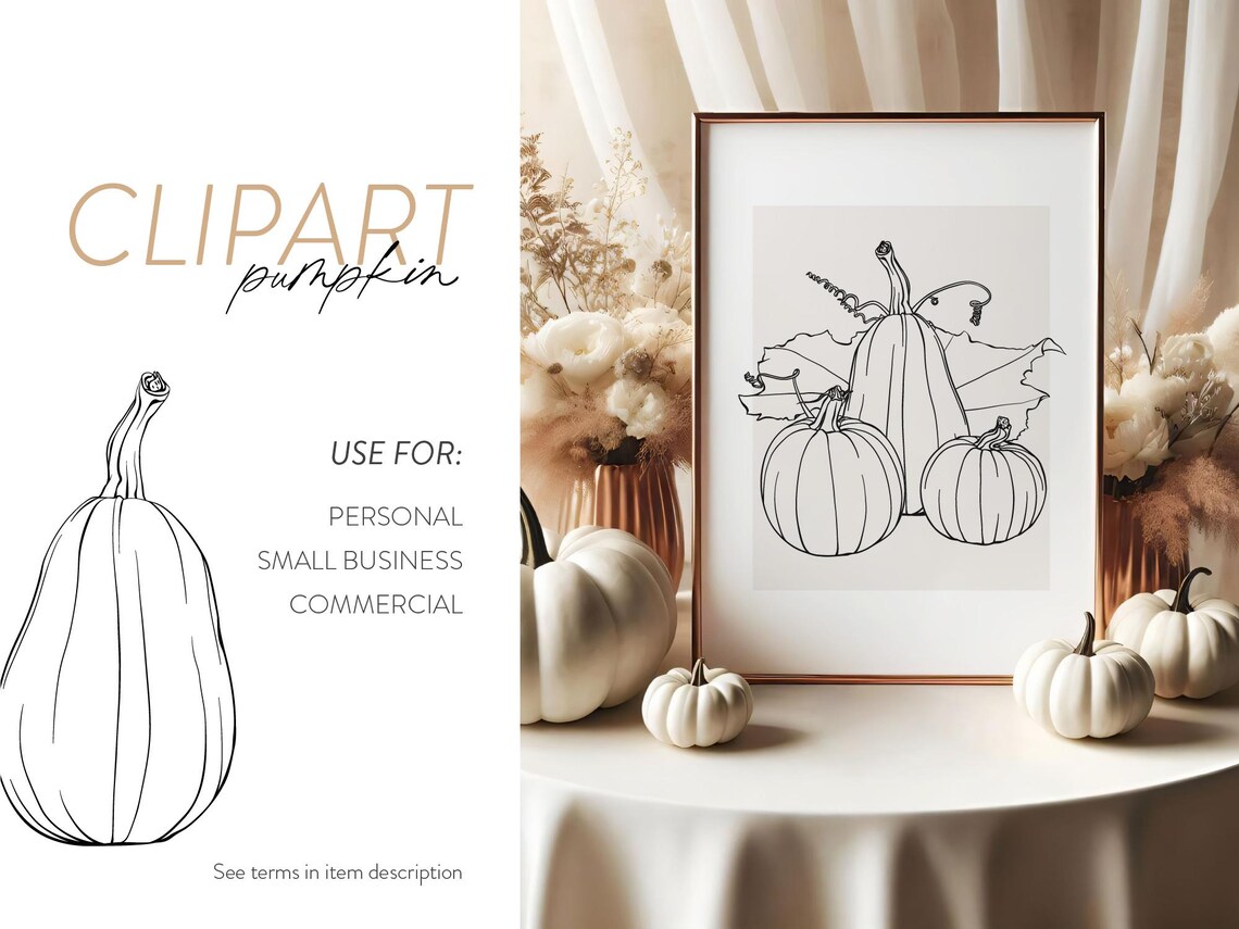 Fall Pumpkin Patch Line Art Clipart | Autumn Pumpkins Vines Leaves Hand ...