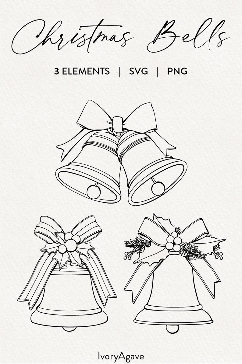 Christmas Bells Line Art Clipart Winter Holiday Christmas Hand Drawn ...