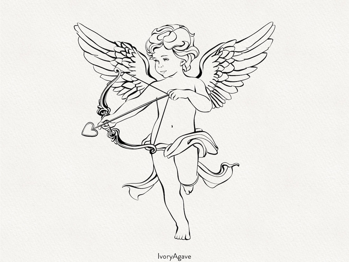 Valentine's Day Love Cupid Line Art Clipart Handdrawn Modern Graphic ...