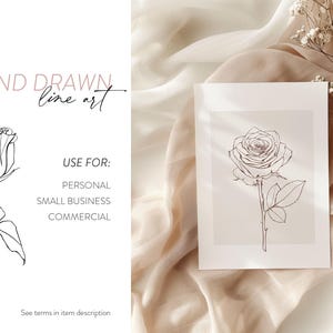Valentine Rose With Stem Line Art Clipart Botanical Flower Hand Drawn ...