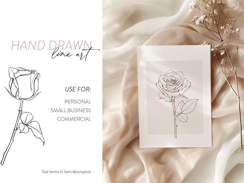 Valentine Rose With Stem Line Art Clipart Botanical Flower Hand Drawn ...