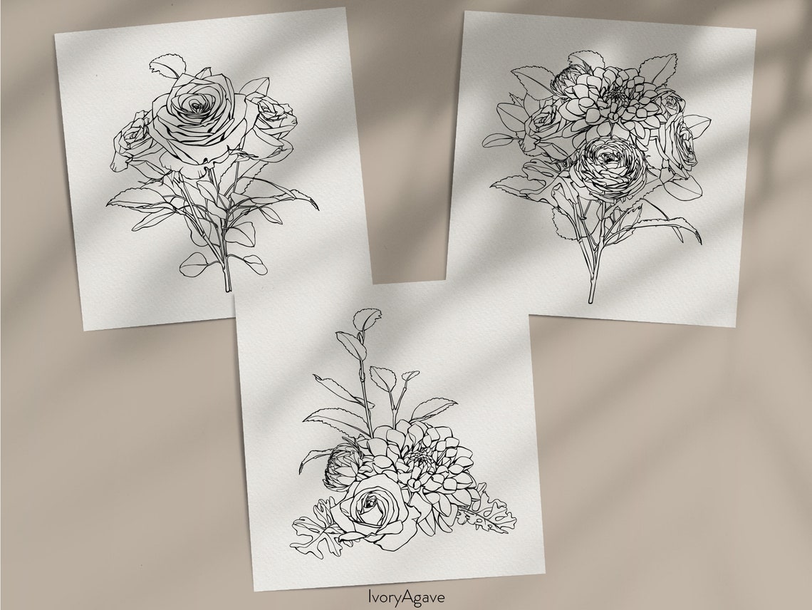 Dahlias and Roses Fall Floral Collection Line Art Clipart Autumn ...