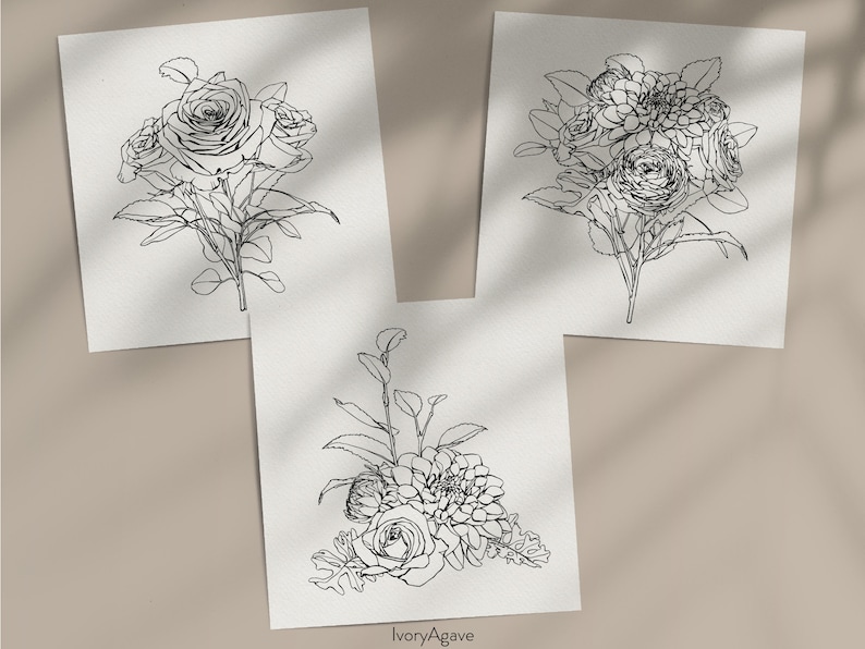 Fall Floral Collection Line Art Clipart Autumn Botanical Flowers Hand ...