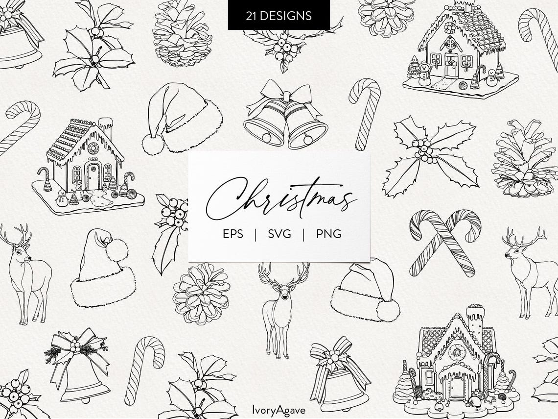 Christmas Bundle Line Art Clipart Line Drawing | Winter Holiday Hand ...