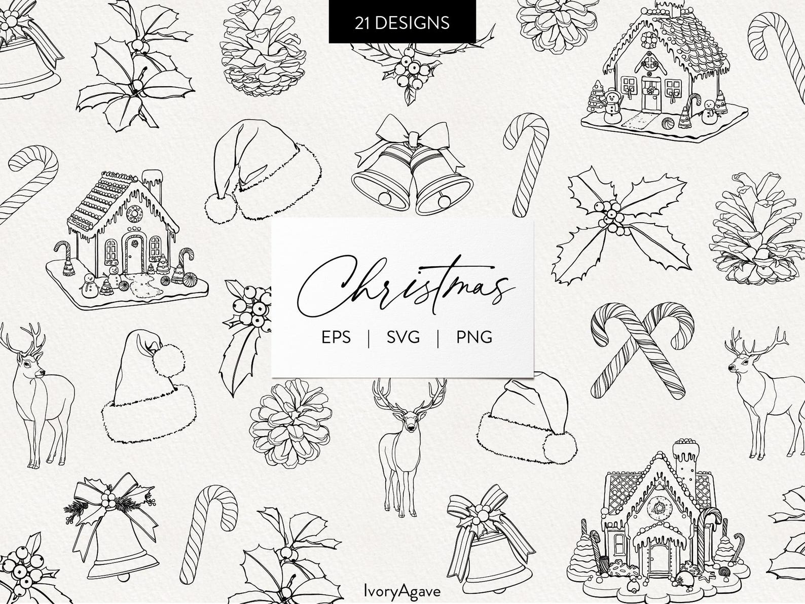 Christmas Bundle Line Art Clipart Line Drawing | Winter Holiday Hand ...