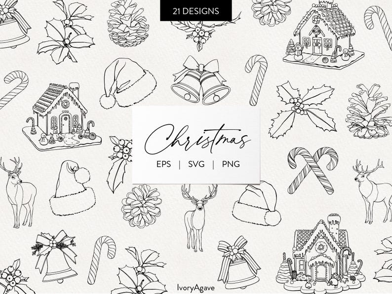 Christmas Bundle Line Art Clipart Line Drawing | Winter Holiday Hand ...