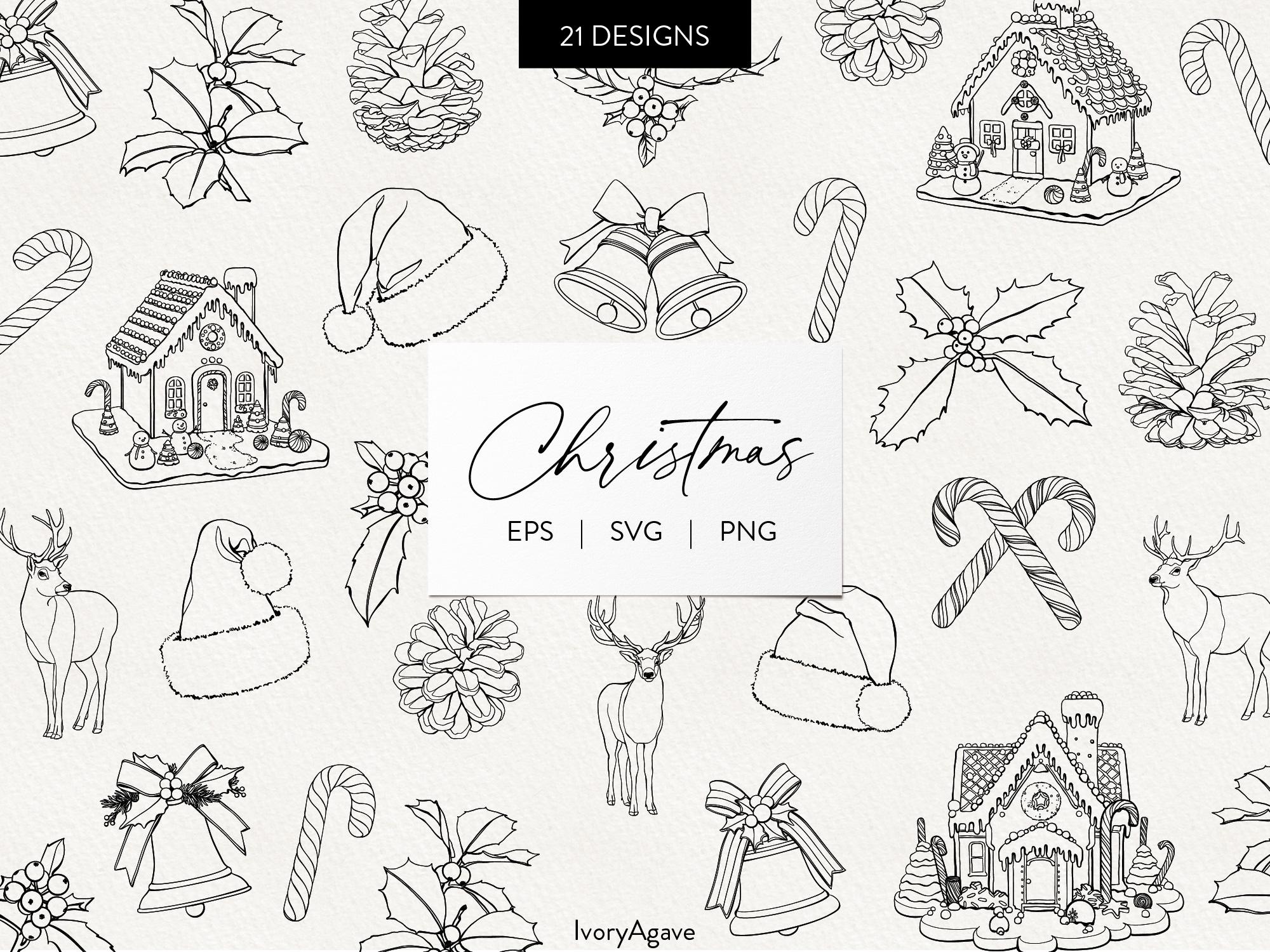 Christmas Bundle Line Art Clipart Line Drawing | Winter Holiday Hand ...