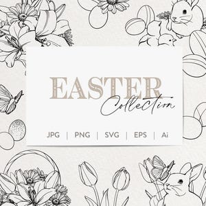 Easter Bundle Line Art Clipart Spring Graphic Modern Easter Hand Drawn ...
