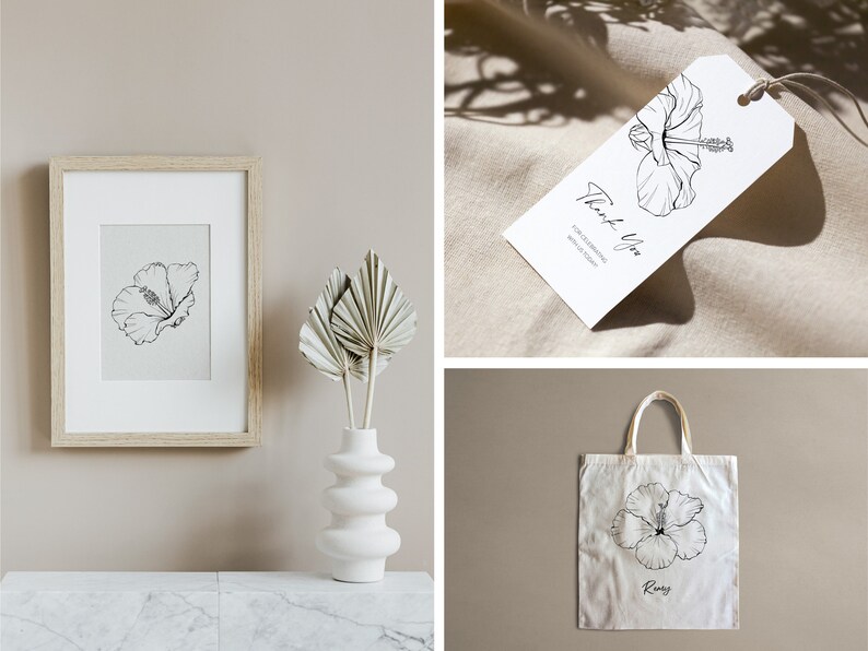 Hibiscus Flowers Line Art Clipart Summer Tropical Botanical Hand Drawn ...