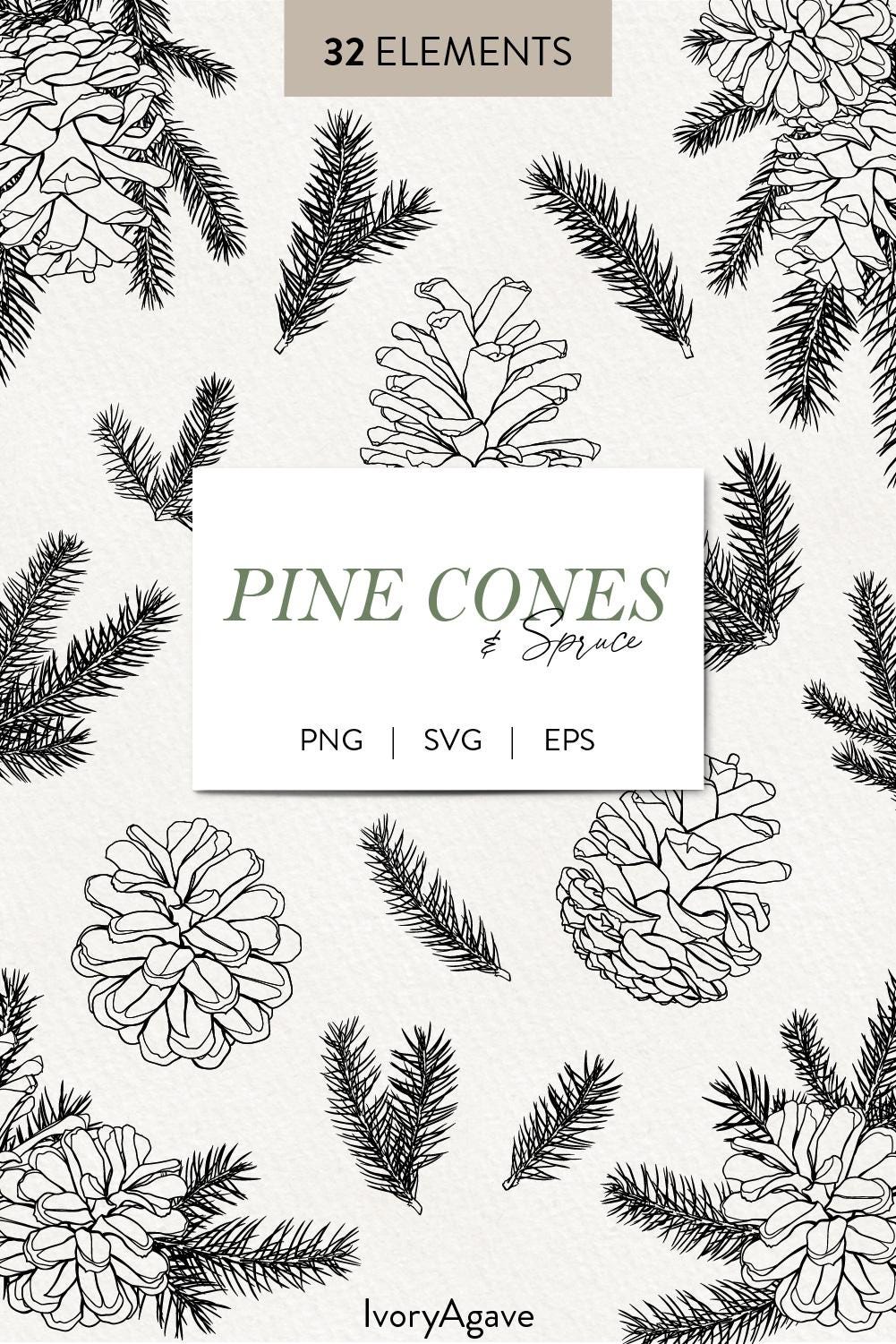 Pine Cones and Spruce Branches Line Art Clipart Graphic | Winter ...