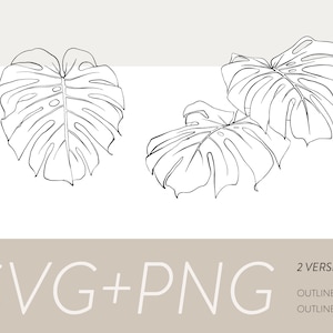 Monstera Line Art Clipart | Summer Tropical Leaves Botanical Hand Drawn ...