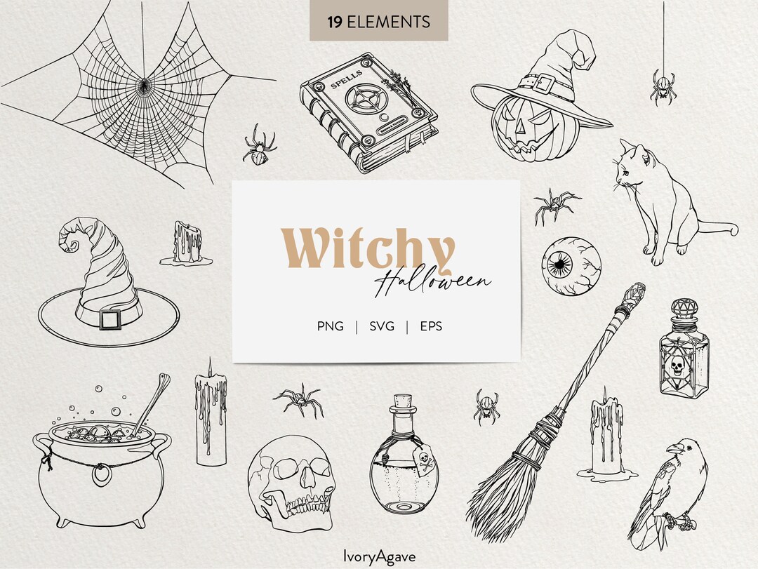 Halloween Witchy Line Art Clipart | Hand Drawn Vector | Fine Line ...