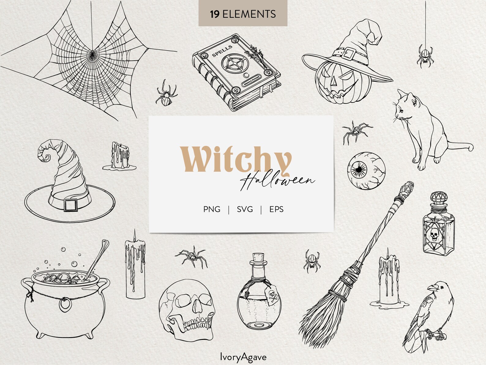 Halloween Witchy Line Art Clipart | Hand Drawn Vector | Fine Line ...
