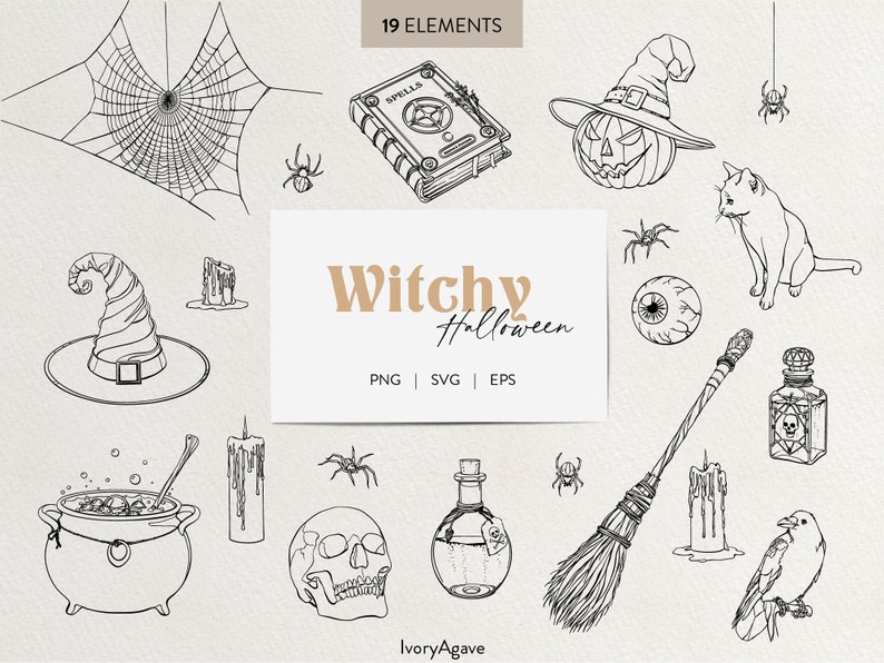 Halloween Witchy Line Art Clipart | Hand Drawn Vector | Fine Line ...