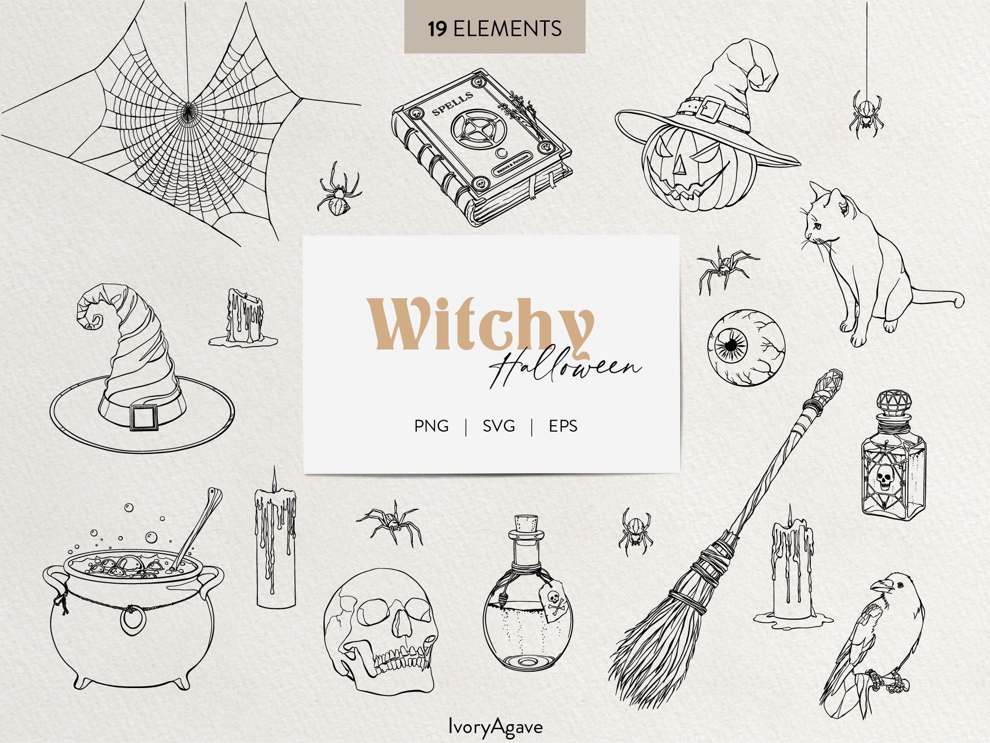 Halloween Witchy Line Art Clipart | Hand Drawn Vector | Fine Line ...