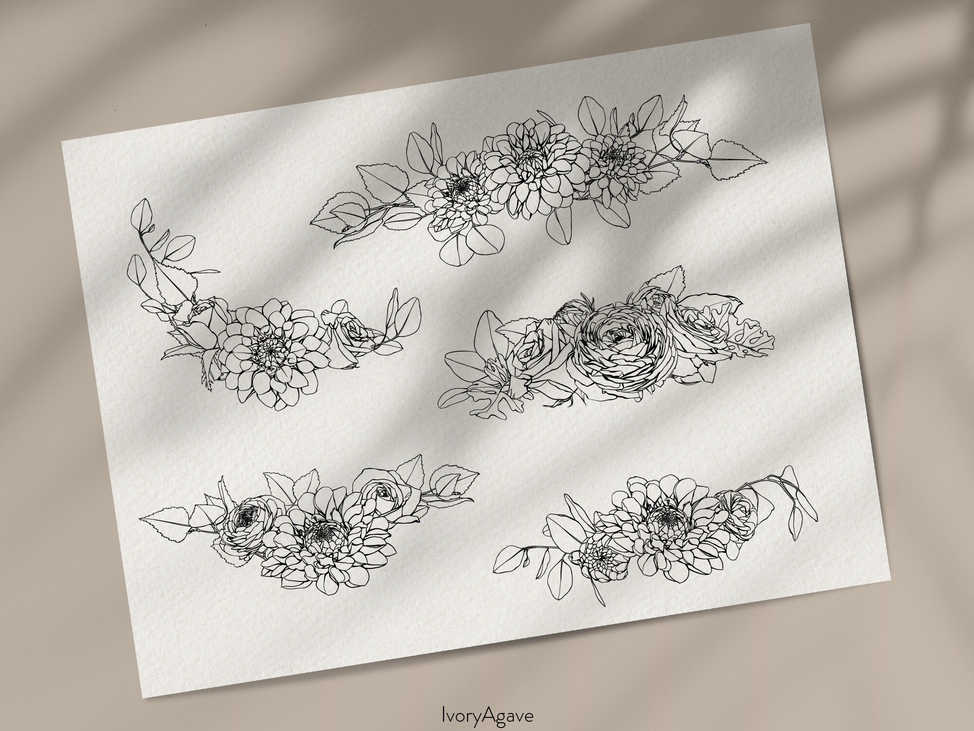 Dahlias and Roses Fall Floral Line Art Clipart Autumn Botanical Flowers ...