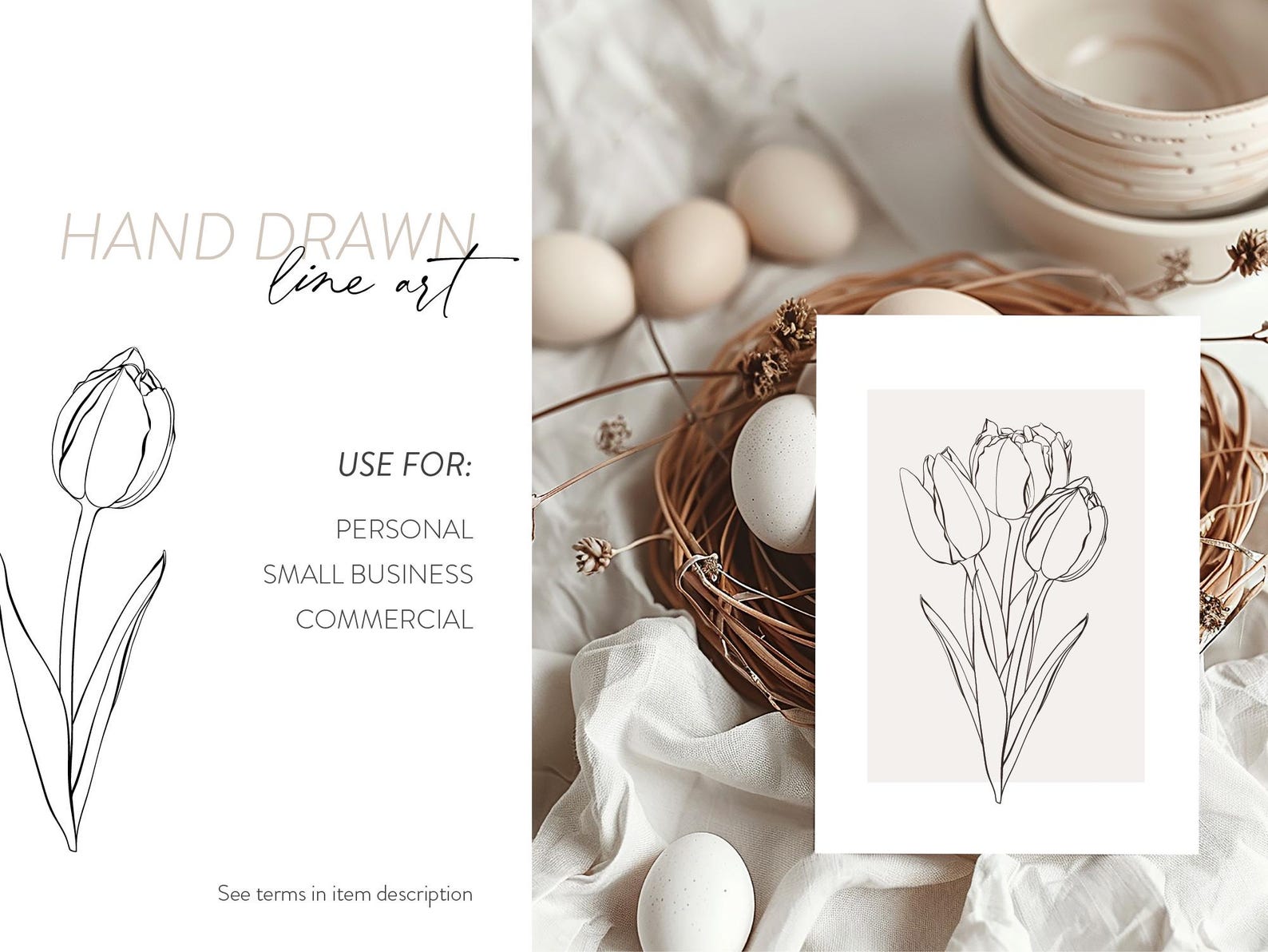 Tulip Flowers Line Art Clipart Modern Spring Easter Florals Hand Drawn ...