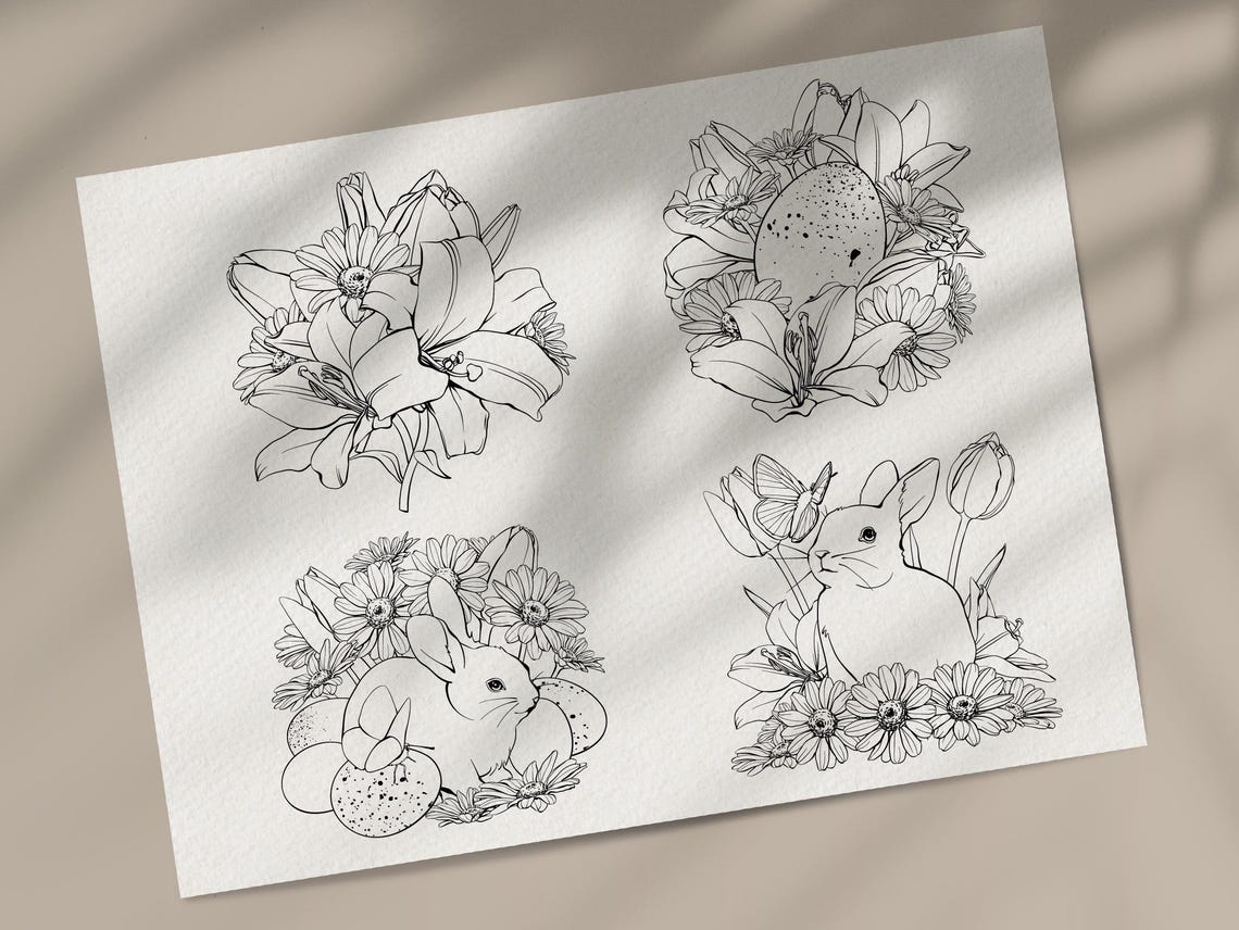 Easter Bundle Line Art Clipart Spring Graphic Modern Easter Hand Drawn ...