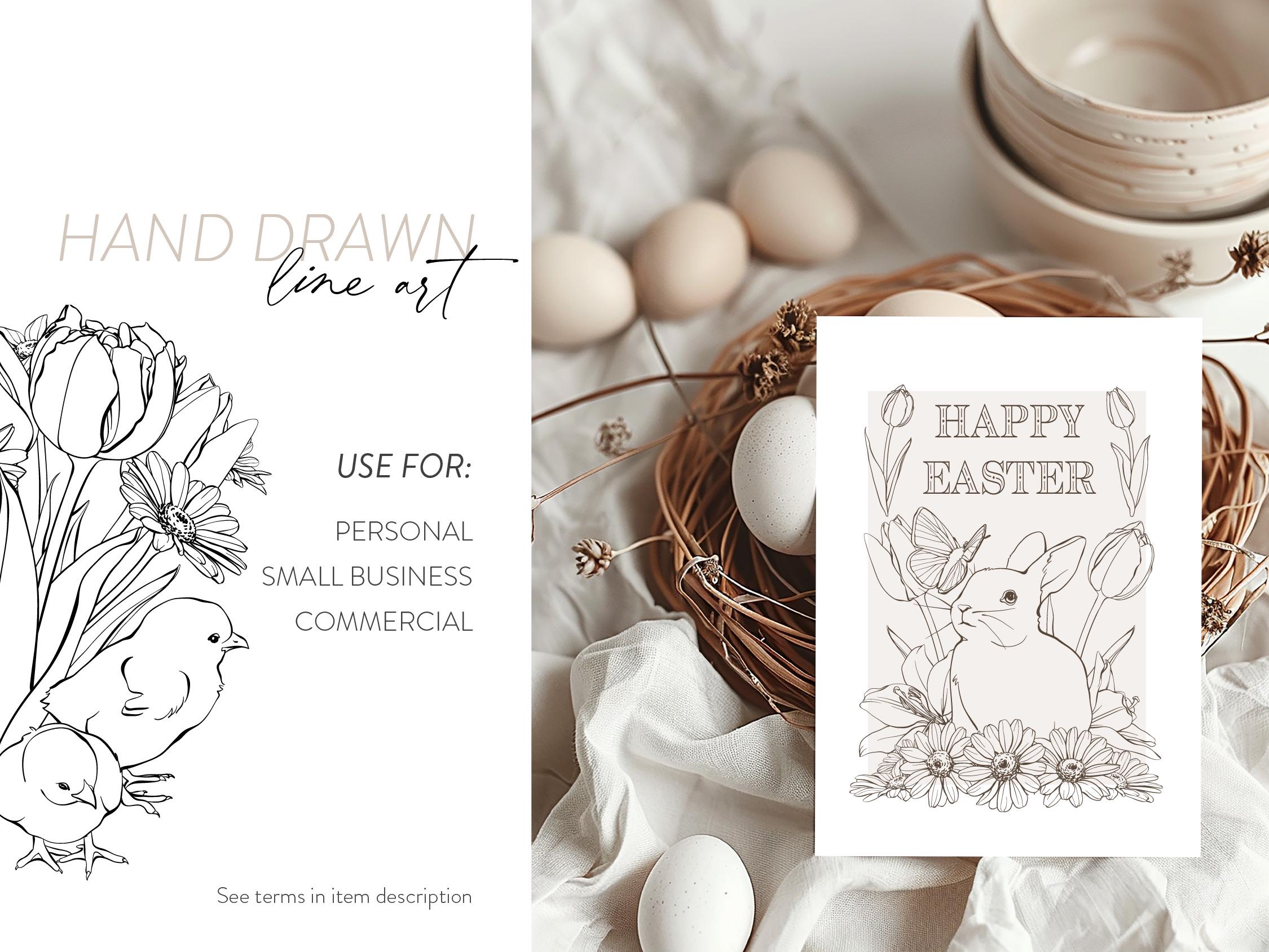 Easter Bundle Line Art Clipart Spring Graphic Modern Easter Hand Drawn ...