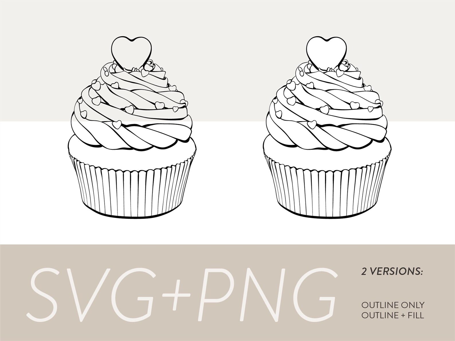 Valentine's Day Heart Cupcake Line Art Clipart Handdrawn Modern Graphic ...