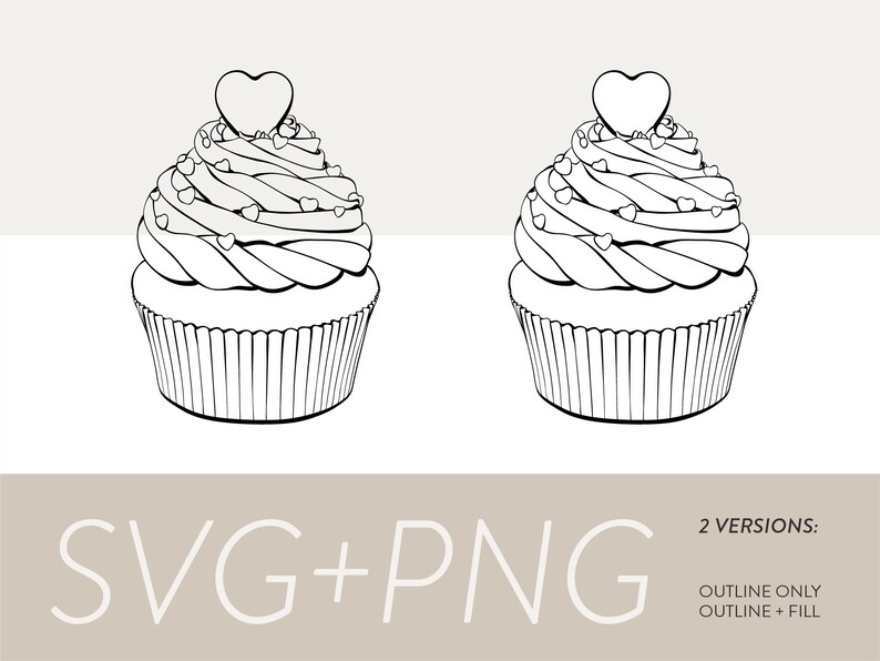 Valentine's Day Heart Cupcake Line Art Clipart Handdrawn Modern Graphic ...