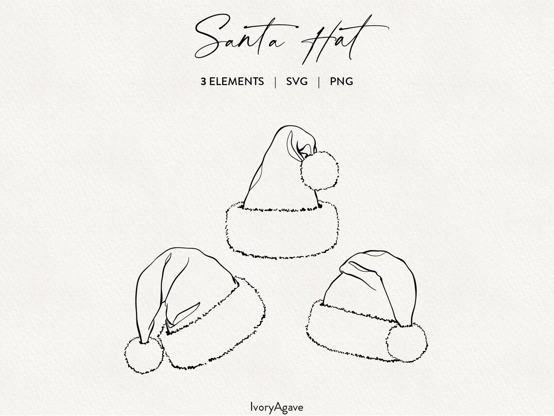 Christmas Santa Hat Line Art Clipart | Winter Holiday Hand Drawn SVG ...