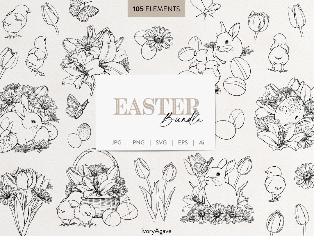 Easter Line Art Drawing Clipart: Spring Hand Drawn Illustration (PNG ...