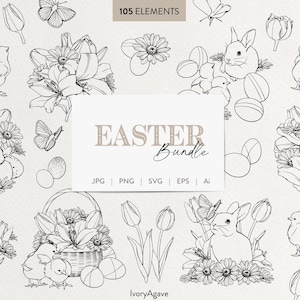Easter Bundle Line Art Clipart Spring Graphic Modern Easter Hand Drawn ...
