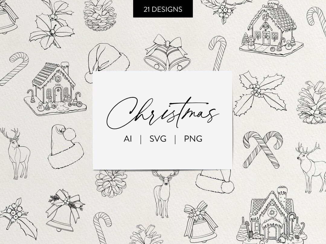 Christmas Bundle Line Art Clipart Line Drawing Winter Holiday Hand ...