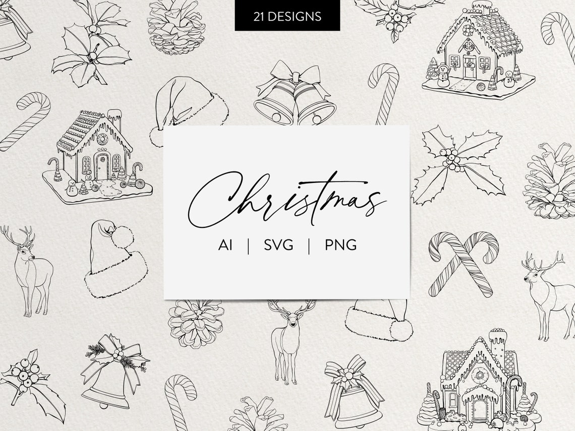 Christmas Bundle Line Art Clipart Line Drawing Winter Holiday Hand ...