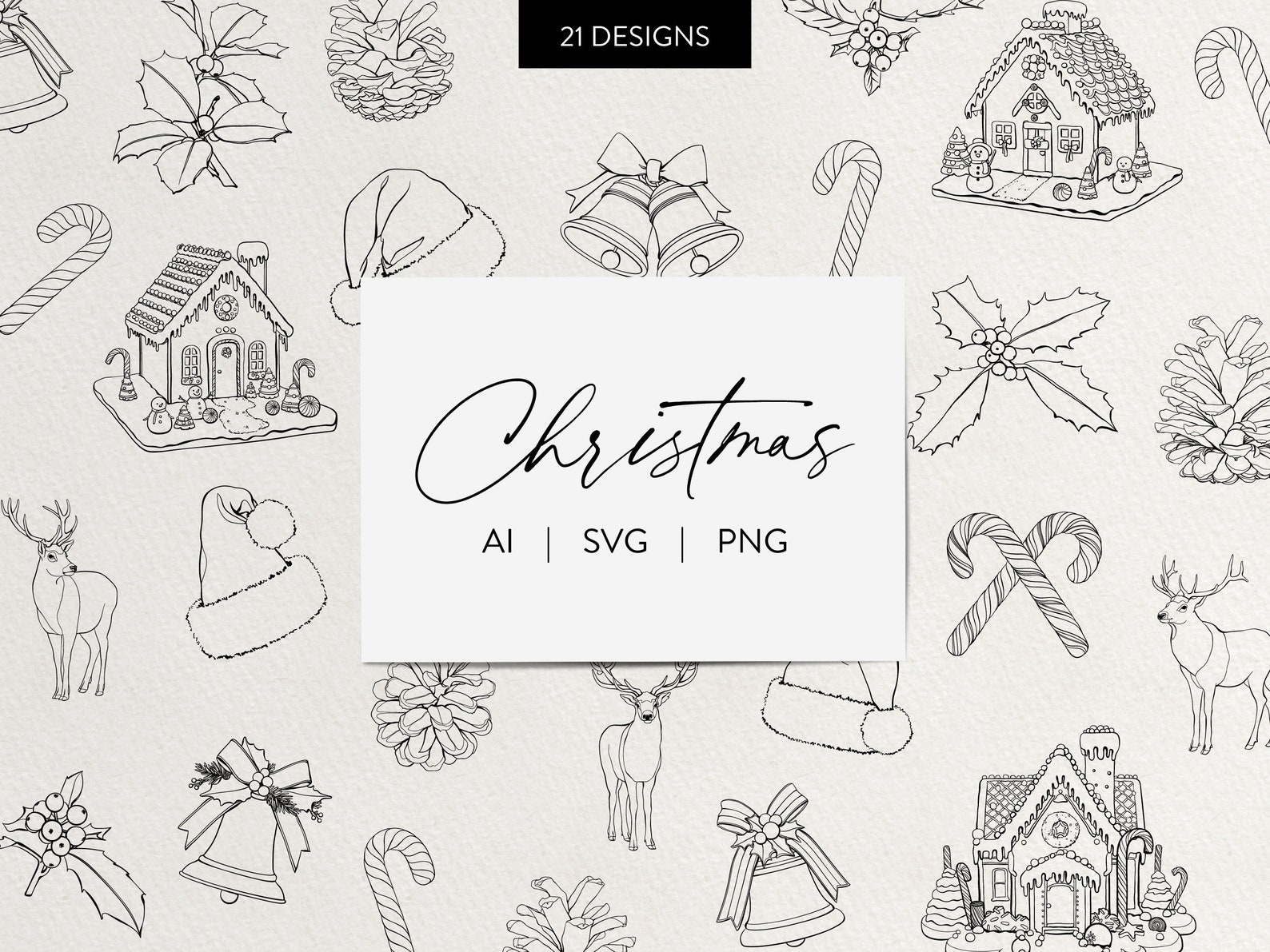 Christmas Bundle Line Art Clipart Line Drawing Winter Holiday Hand ...