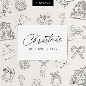 Christmas Bundle Line Art Clipart Line Drawing Winter Holiday Hand ...