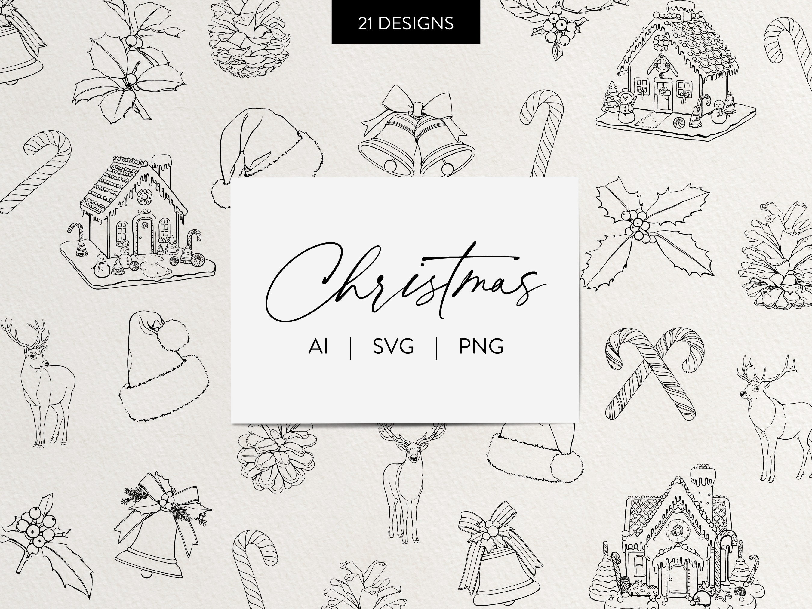 Christmas Bundle Line Art Clipart Line Drawing Winter Holiday Hand ...