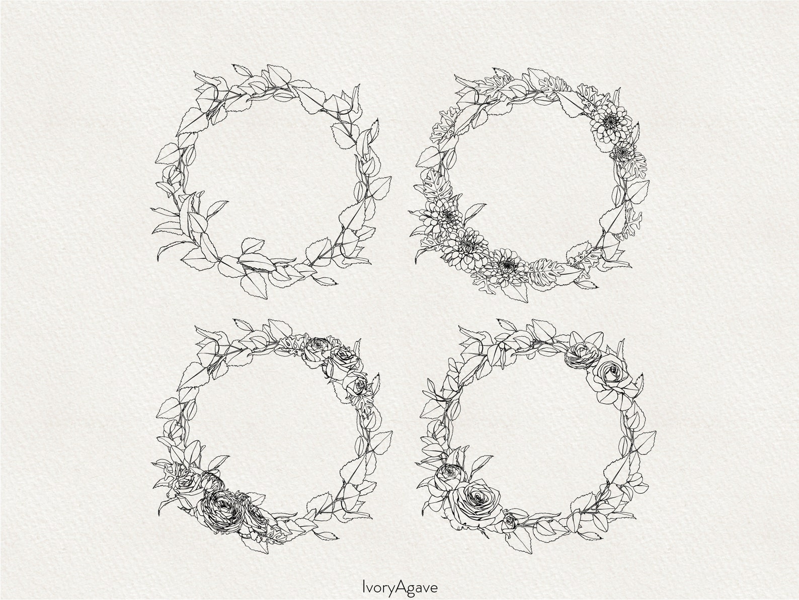 Fall Floral Frames and Wreaths Handdrawn Line Art Clipart | Autumn ...