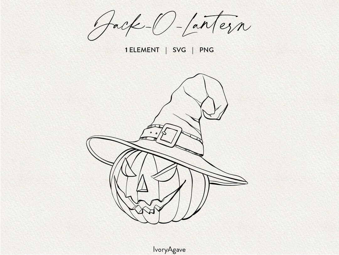 Halloween Jack-o-lantern Line Art Clipart Pumpkin With Witch Hat | Hand ...
