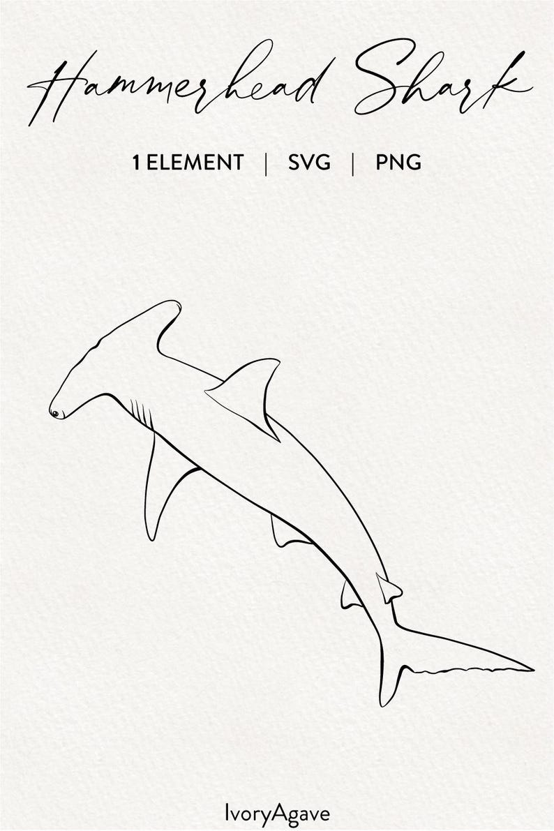 Hammerhead Shark Line Art Drawing Graphics Ocean Summer Sea Life Animal ...