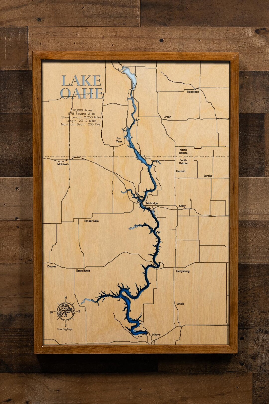 Lake Oahe in North and South Dakota 3D Wood Map – Custom Topographic ...