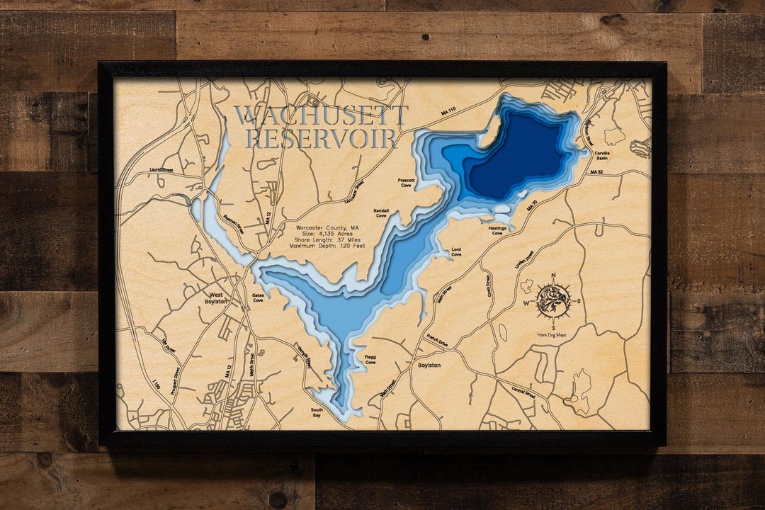 Wachusett Reservoir, Massachusetts - 3D Wood Map – Custom Lake Art ...