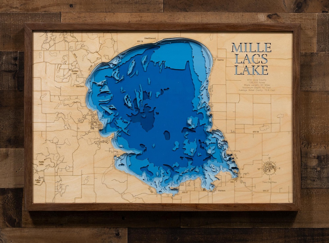 Mille Lacs Lake 3D Map - Custom Laser Cut Art - Personalized Wall Decor - Etsy