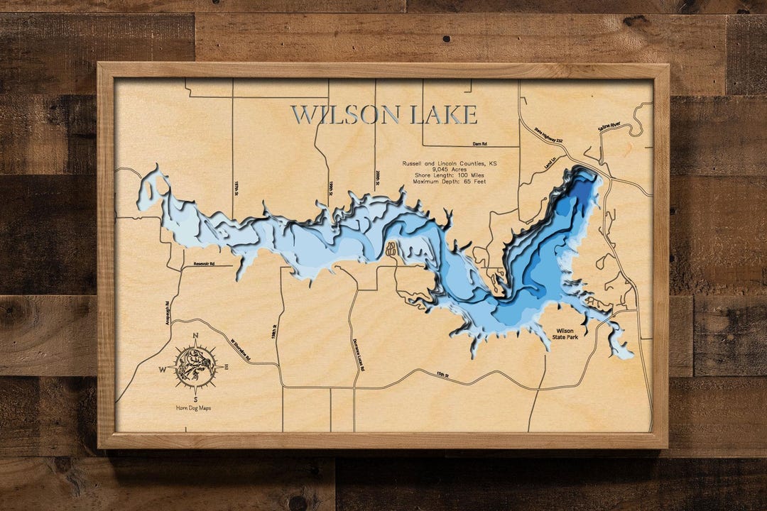 Wilson Lake, Kansas - 3D Wood Map – Custom Lake Art, Bathymetric ...