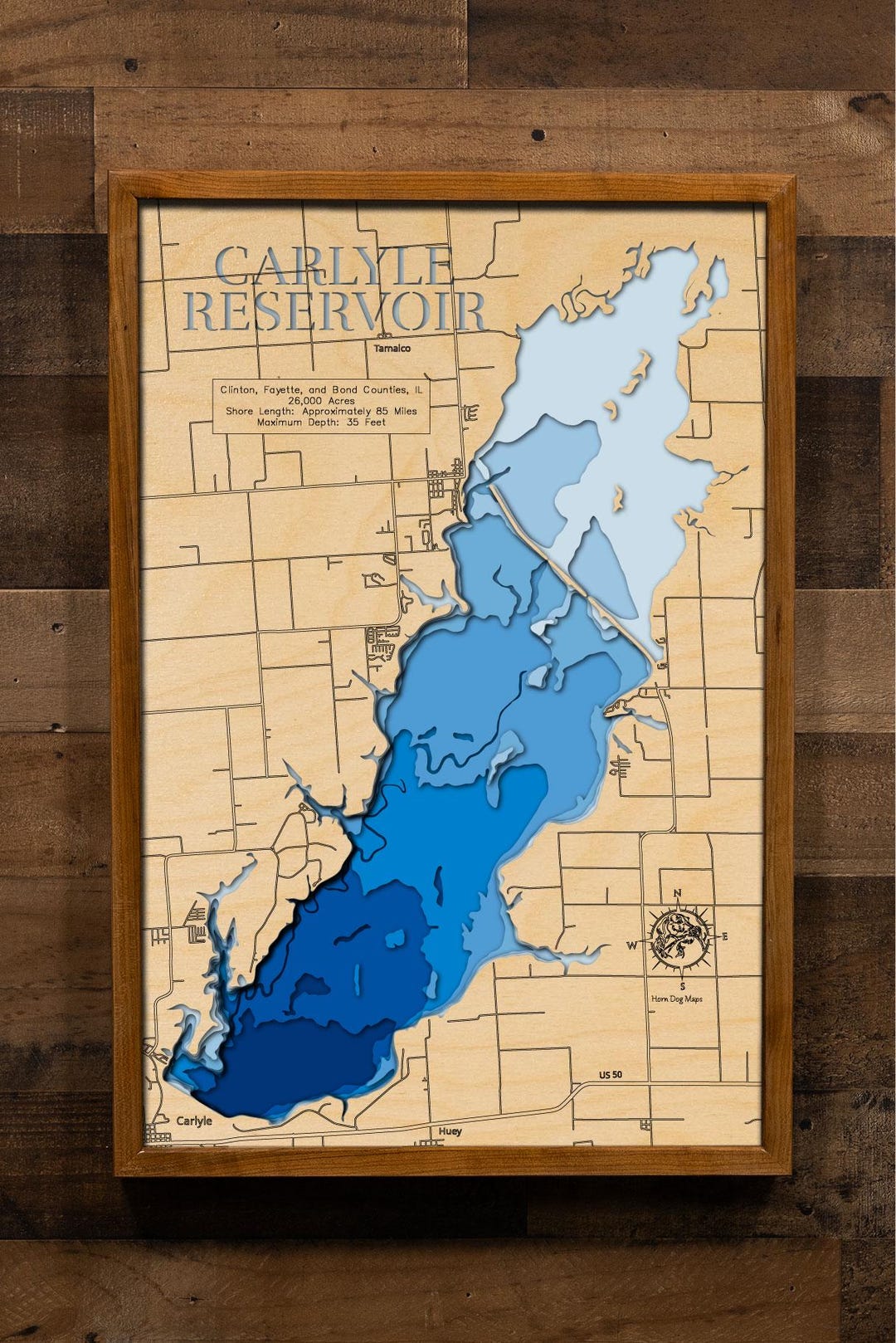Carlyle Lake, Illinois - 3D Wood Map – Custom Lake Art, Bathymetric ...