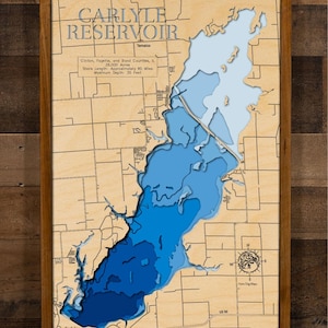 Carlyle Lake, Illinois - 3D Wood Map – Custom Lake Art, Bathymetric ...