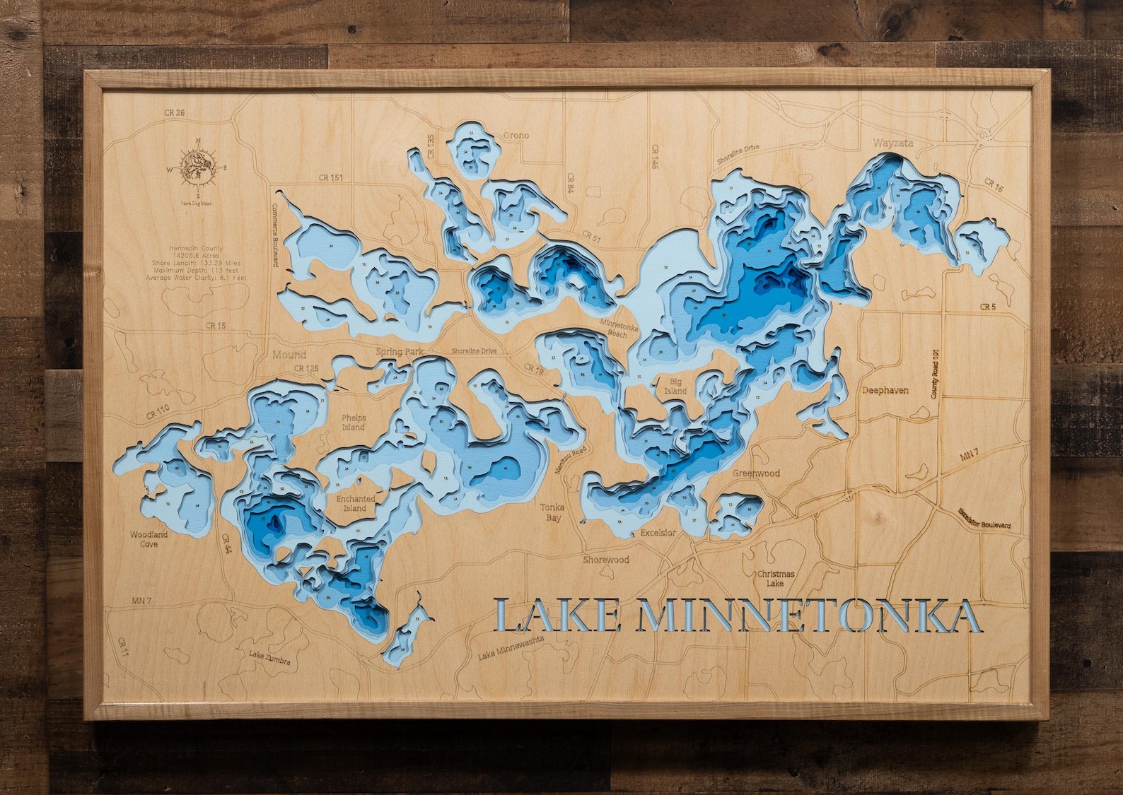 Chain O' Lakes, Illinois - 3D Wood Map – Custom Lake Art, Bathymetric ...