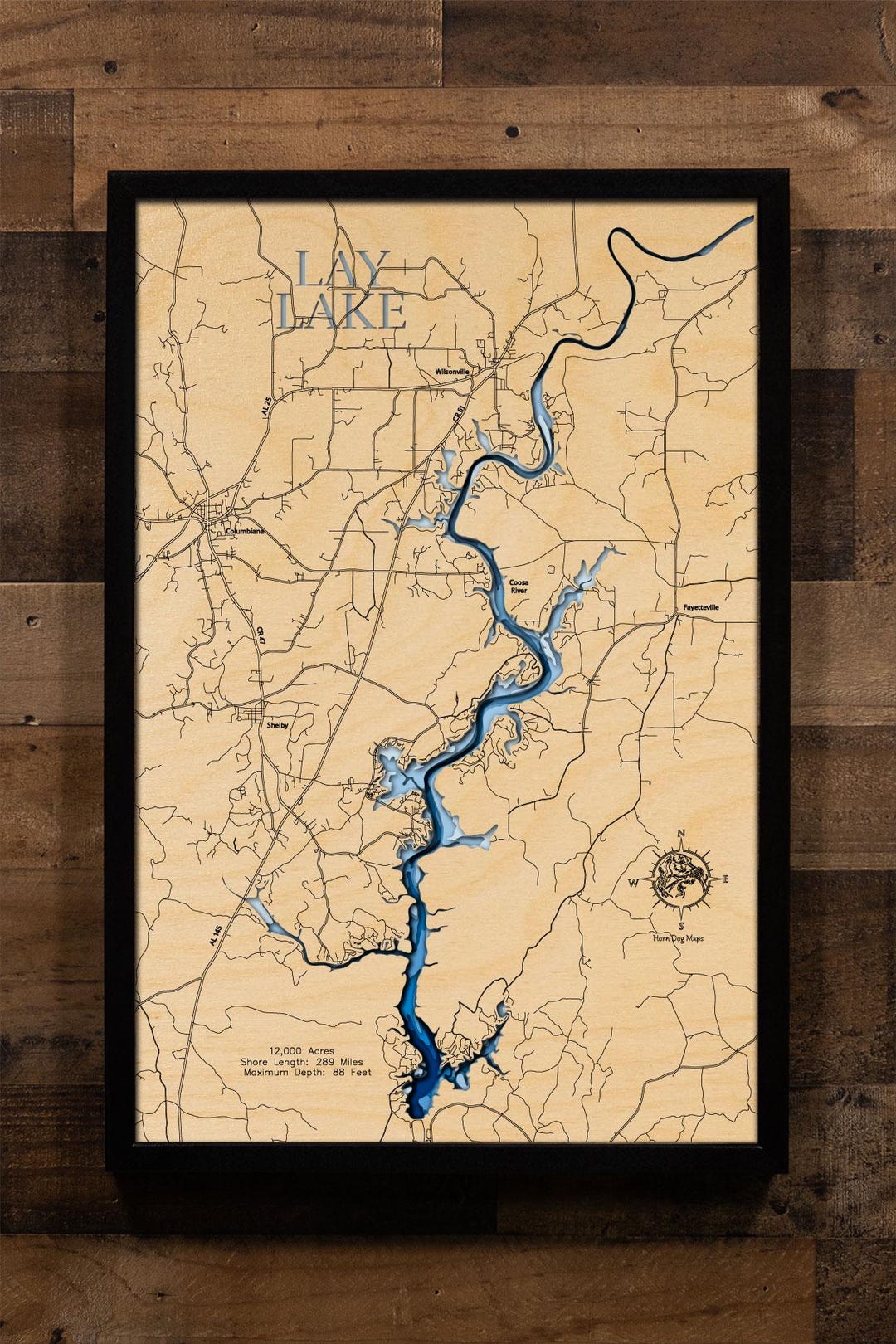 Lay Lake, Alabama - 3D Wood Map – Custom Lake Art, Bathymetric ...