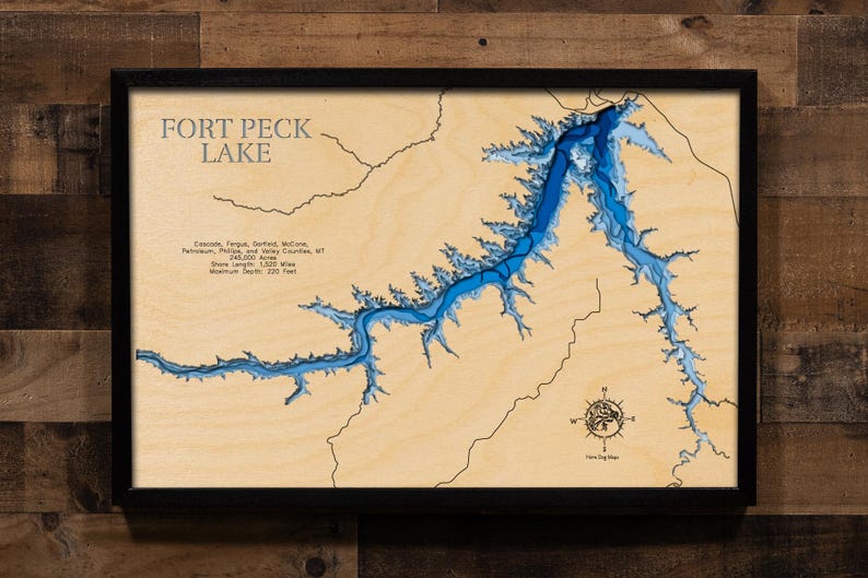 Fort Peck, Montana - 3D Wood Map – Custom Lake Art, Bathymetric ...