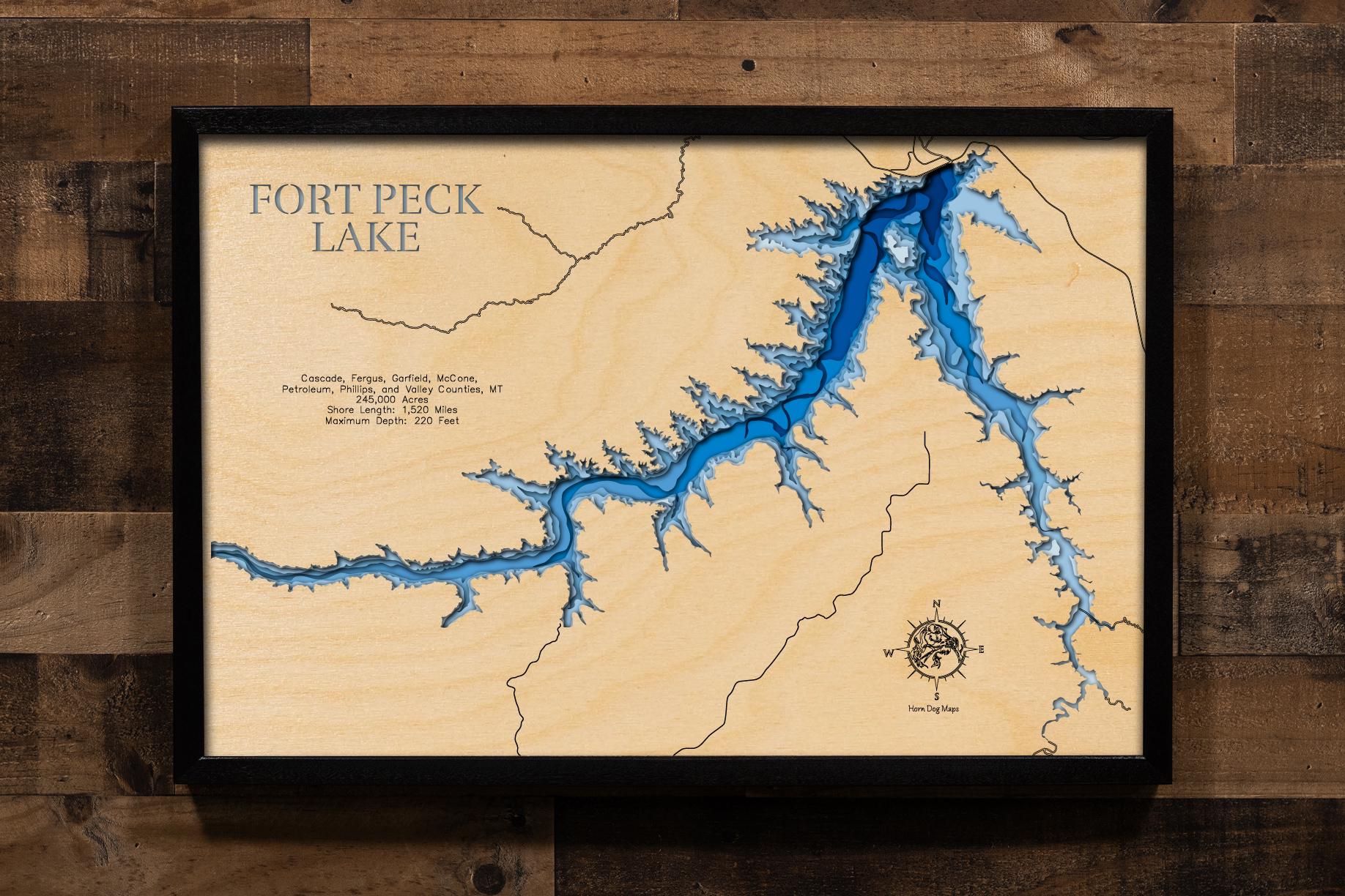 Fort Peck, Montana - 3D Wood Map – Custom Lake Art, Bathymetric ...