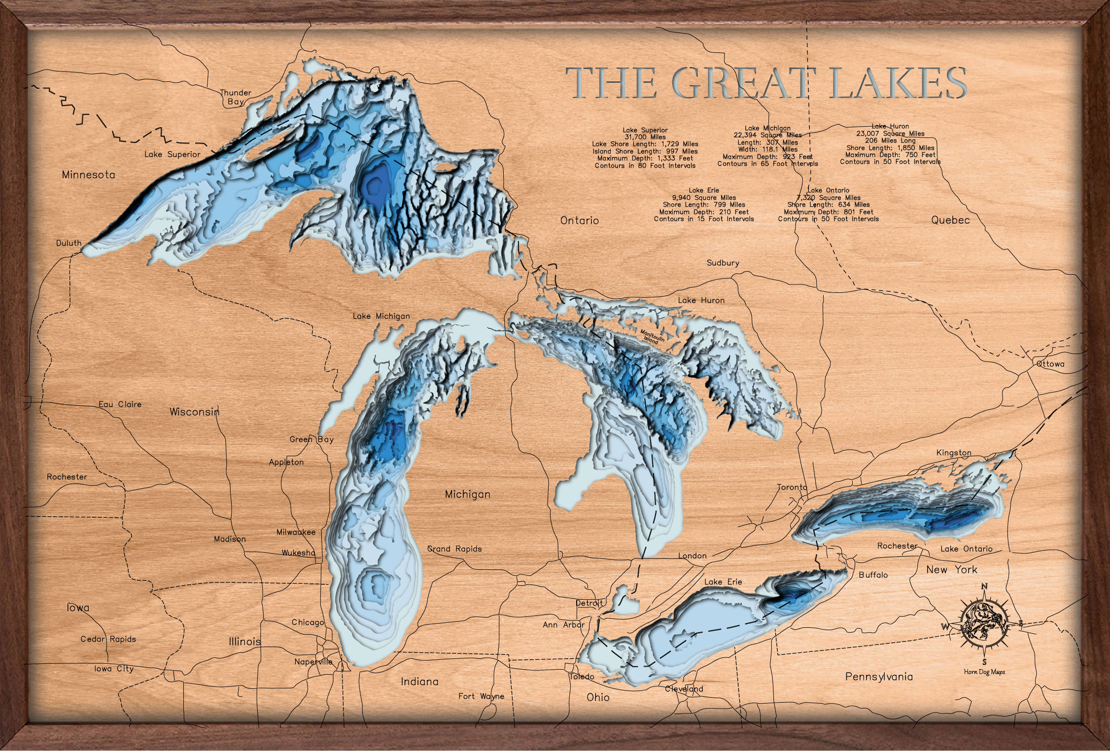 3d Laser Cut Lake Map of the Great Lakes - High Definition, 15 Layers ...