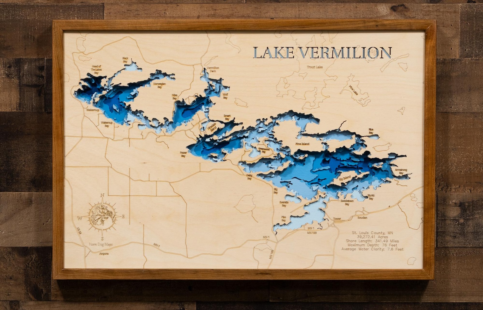 Chain O' Lakes, Illinois - 3D Wood Map – Custom Lake Art, Bathymetric ...