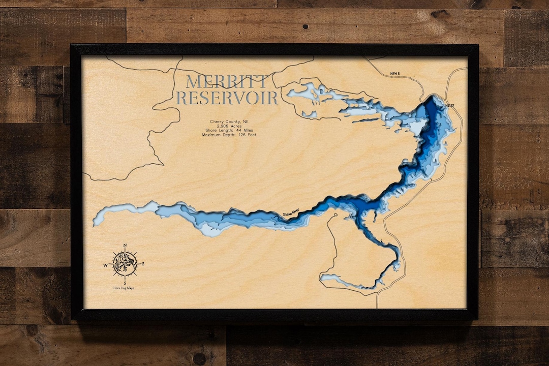Merritt Reservoir 3D Wood Map: Nebraska Lake Art, Topographic Wall ...