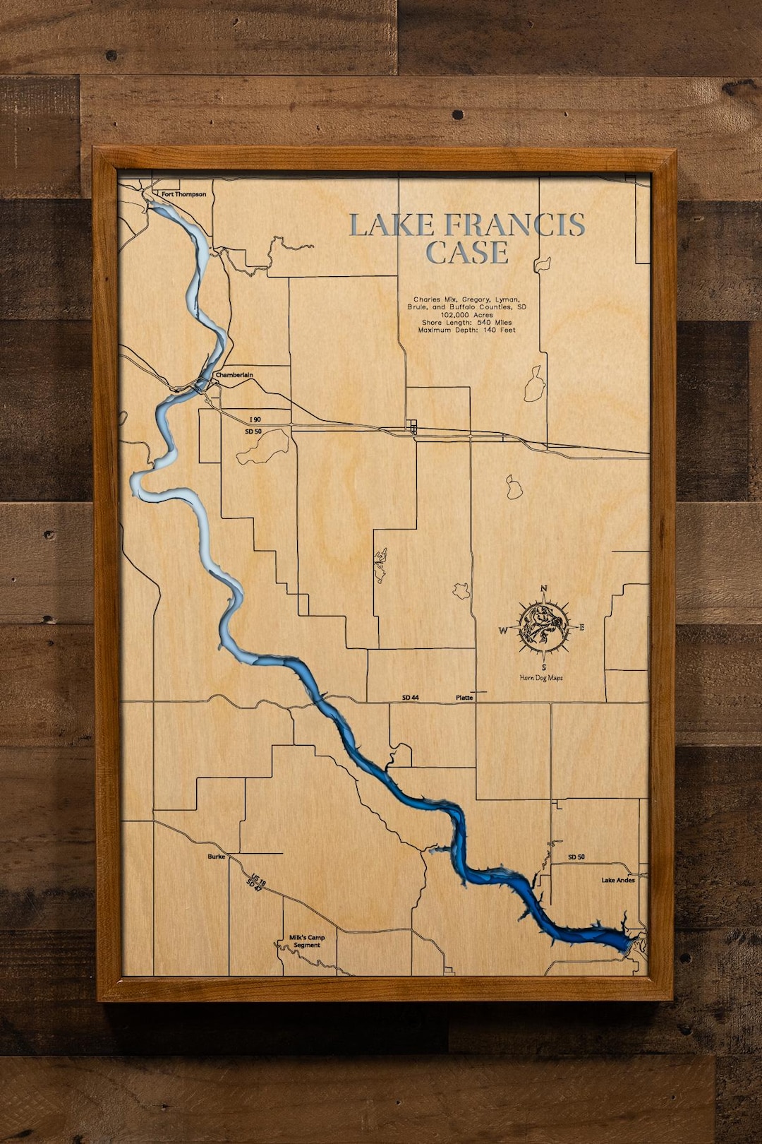 Lake Francis Case South Dakota 3D Wood Map – Custom Topographic Lake ...